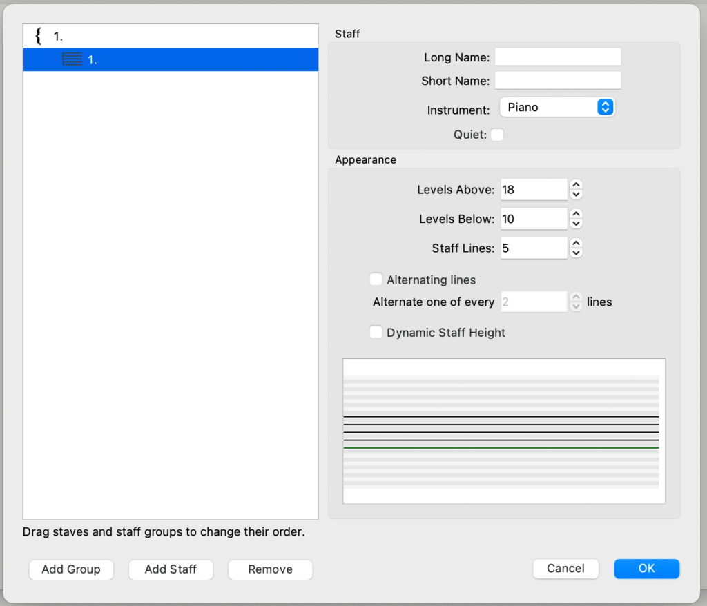 Staves and selecting and editing the instruments in Mus2 - Mus2